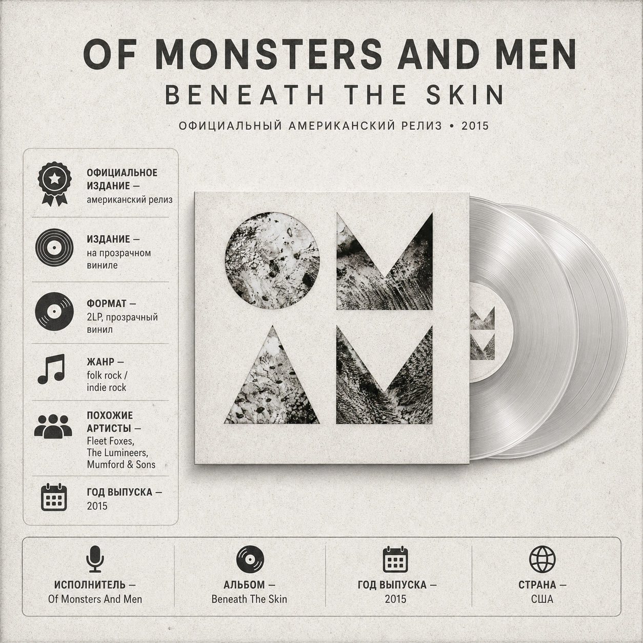 Of Monsters And Men - Beneath The Skin (2LP, clear, USA) новая лимитированная цветная пластинка
