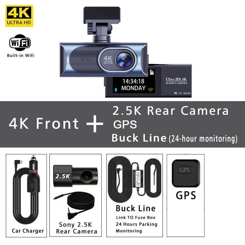 Видеорегистратор 4K с Wi-Fi и GPS, 2160P, с двумя камерами (фронтальная и 2.5K задняя), ночное видение, G-сенсор, режим парковки 24 часа, черный ящик