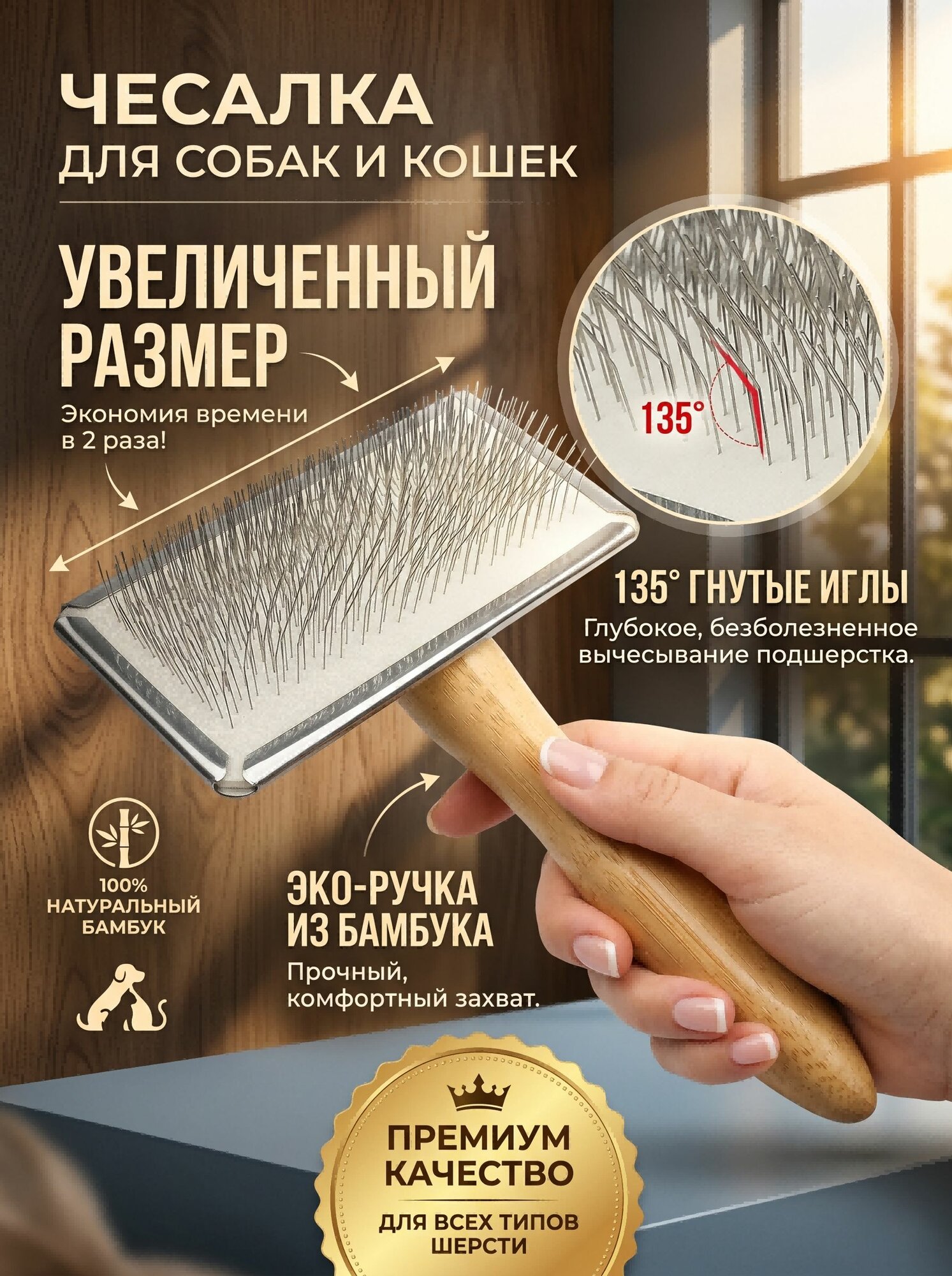 Чесалка для собак и кошек пуходерка для вычесывания шерсти крупная, щетка с бамбуковой ручкой