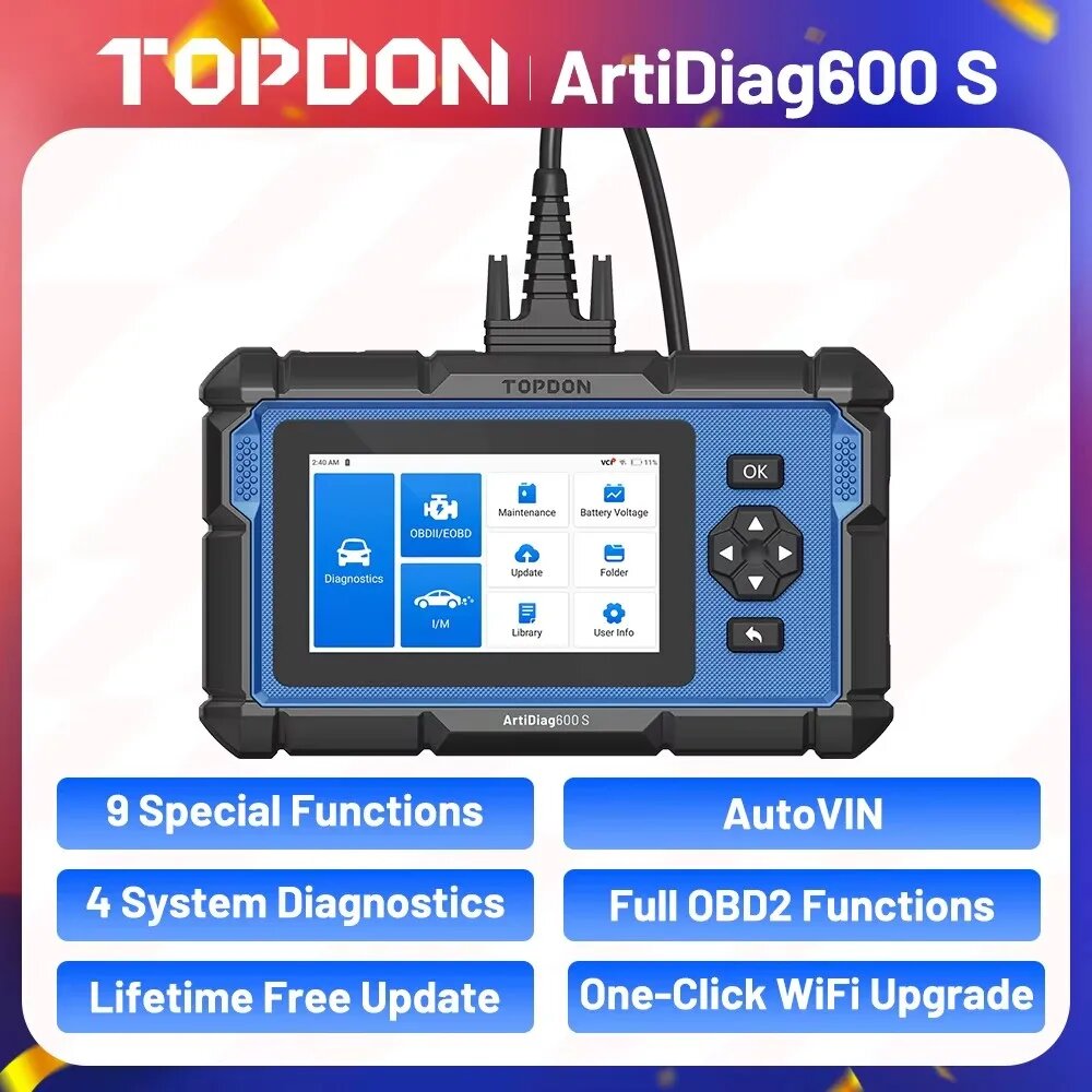 Сканер диагностики OBD2 TOPDON ArtiDiag600S Инструмент для чтения кодов Тест сканирования двигателя масла/БМС/ABS/SAS/EPB/DPF/TPMS/Троttle