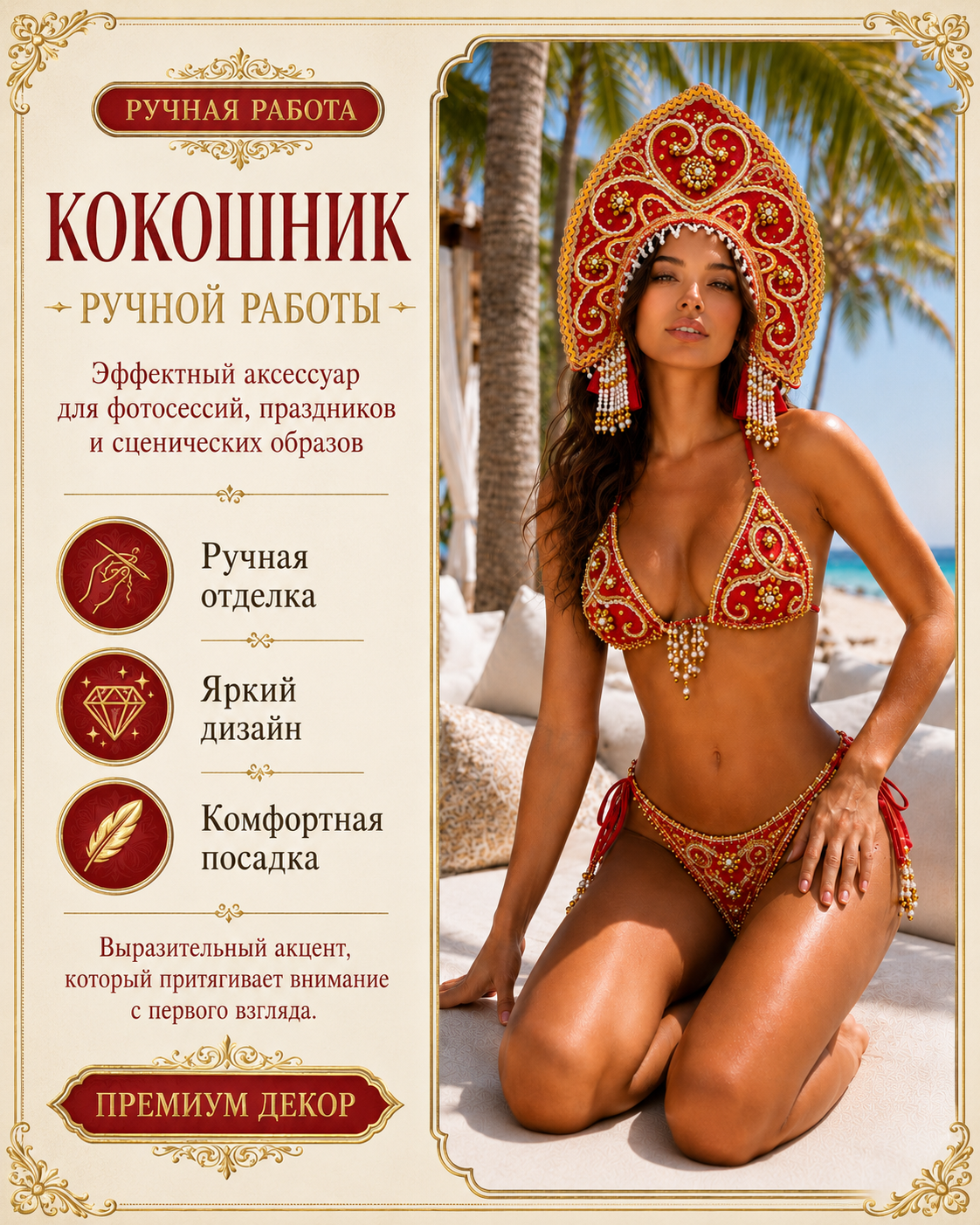 Кокошник красный с бусинами ручная работа