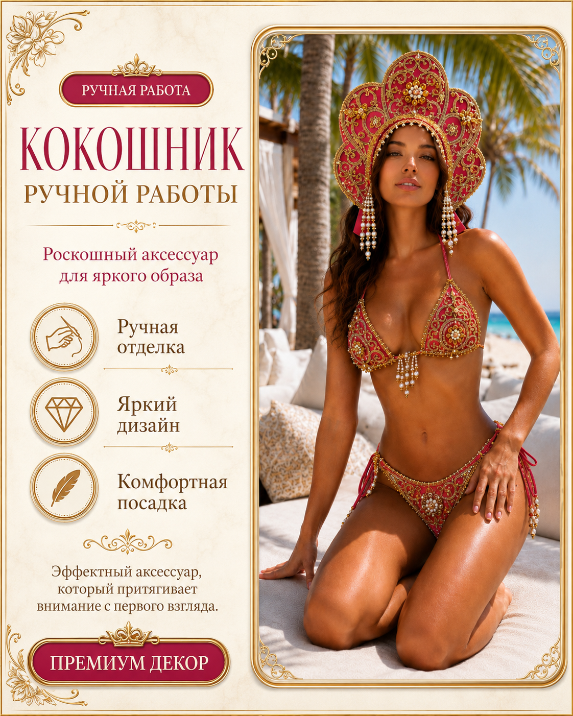 Кокошник женский ручной работы красный с золотым декором для фотосессии и сцены