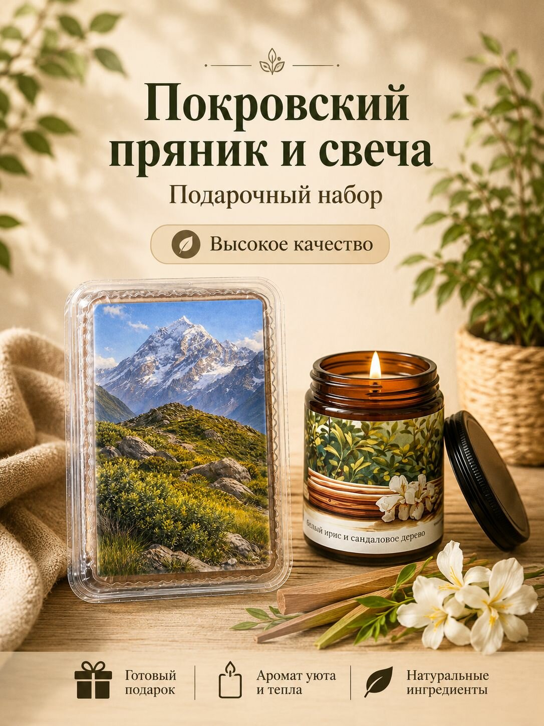 Подарочный набор: покровский пряник 140 гр и ароматическая свеча 190 гр