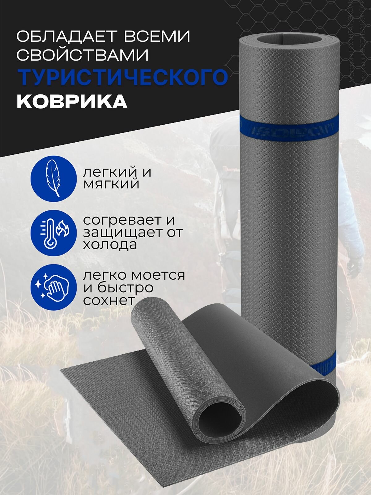 Коврик туристический / ISOLON / 180х60 см. Легкий, не промокает, для отдыха и спорта, для пляжа, 2 резинки в подарок