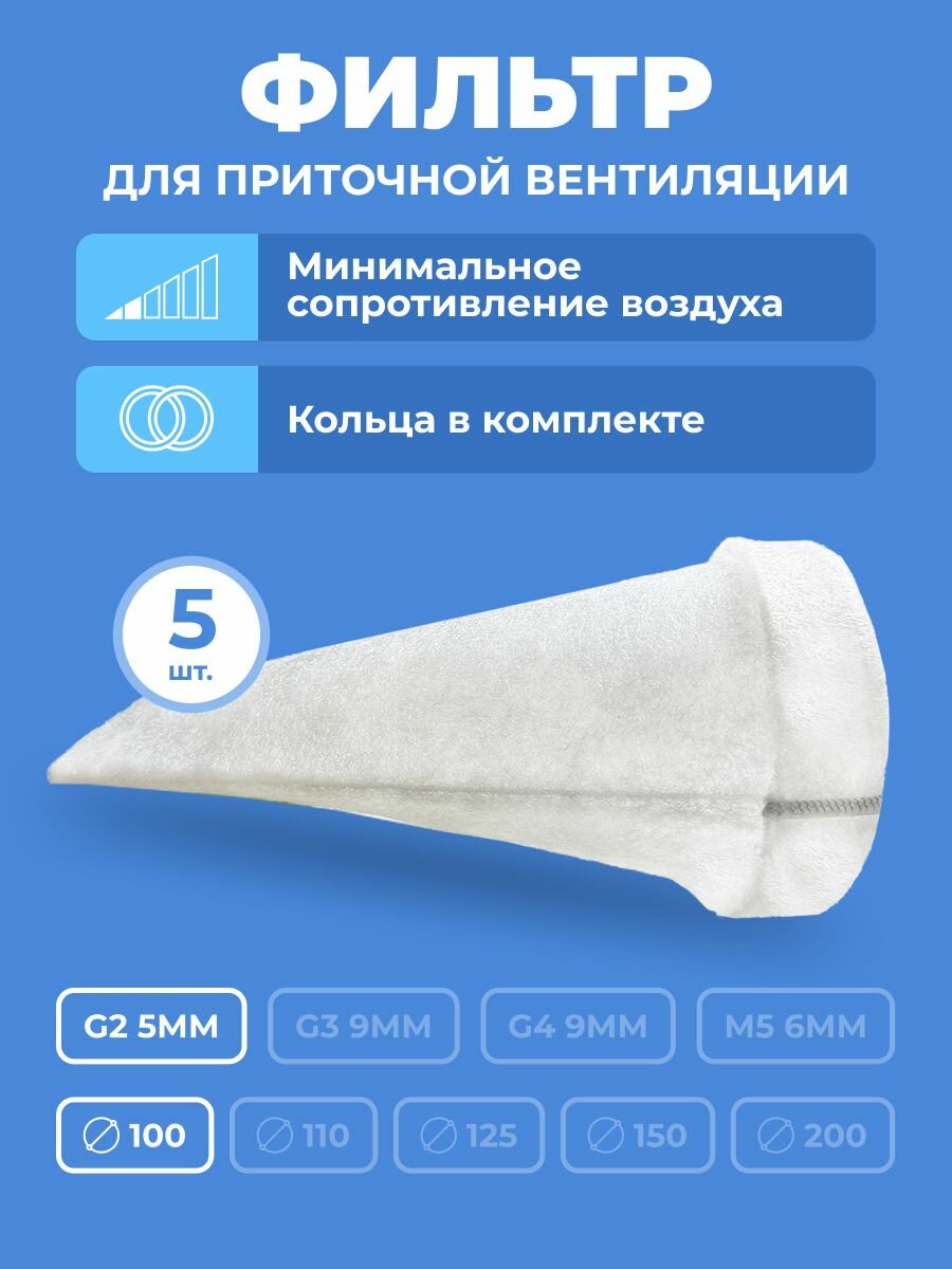 Фильтр канальный для приточной вентиляции 100 мм G2 с распорными кольцами для КИВ 5 штук в комплекте, фильтр для бризера