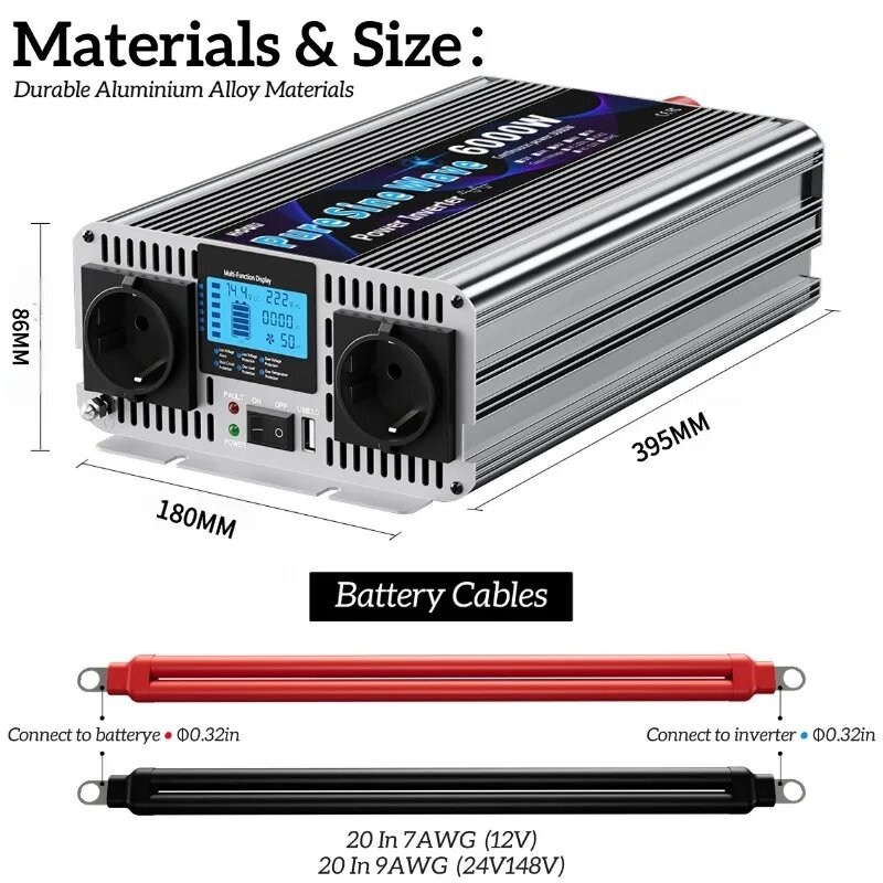 Инвертор Pure Sine Wave 12V/24V 220V 3000-7000Вт | Удаленный пульт + ЖК-дисплей | Для кемпера • солнечной энергии • грузовика и домашнего электроснабжения