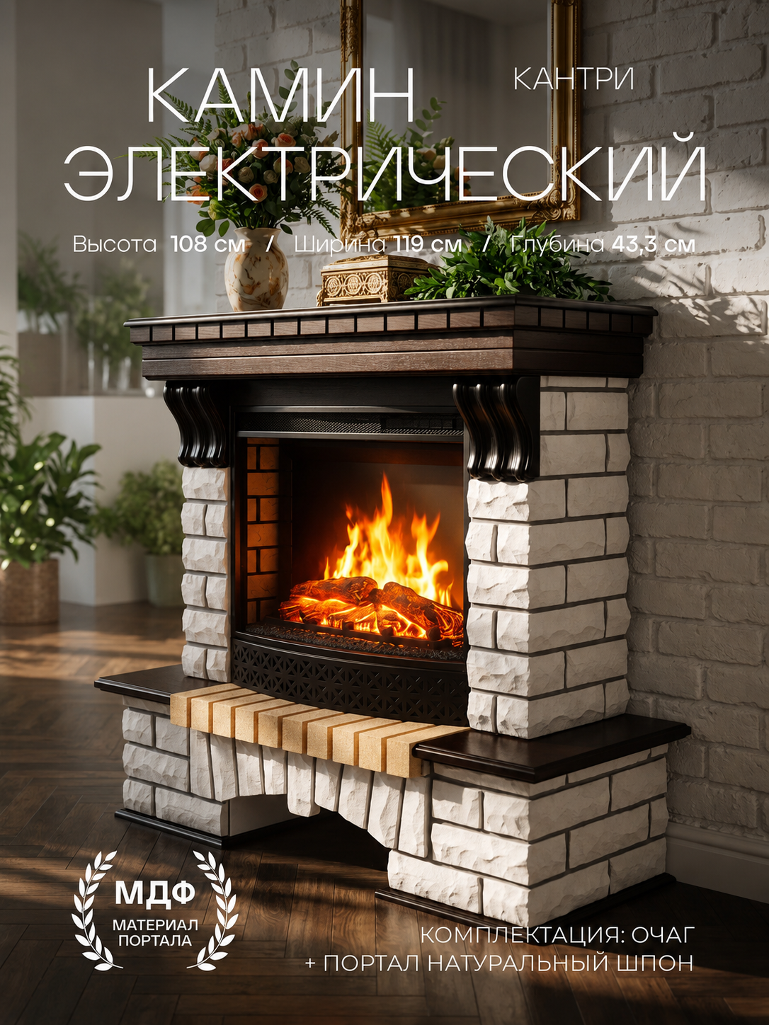 Электрокамин RealFlame Кантри коричневый c панорамным очагом, обогрев, звуковой эффект, пульт ду