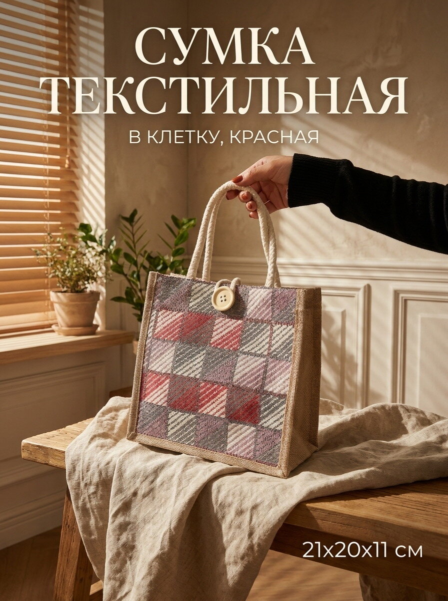 Сумка текстильная, в клетку, красная, 21х20х11 см, 1 шт