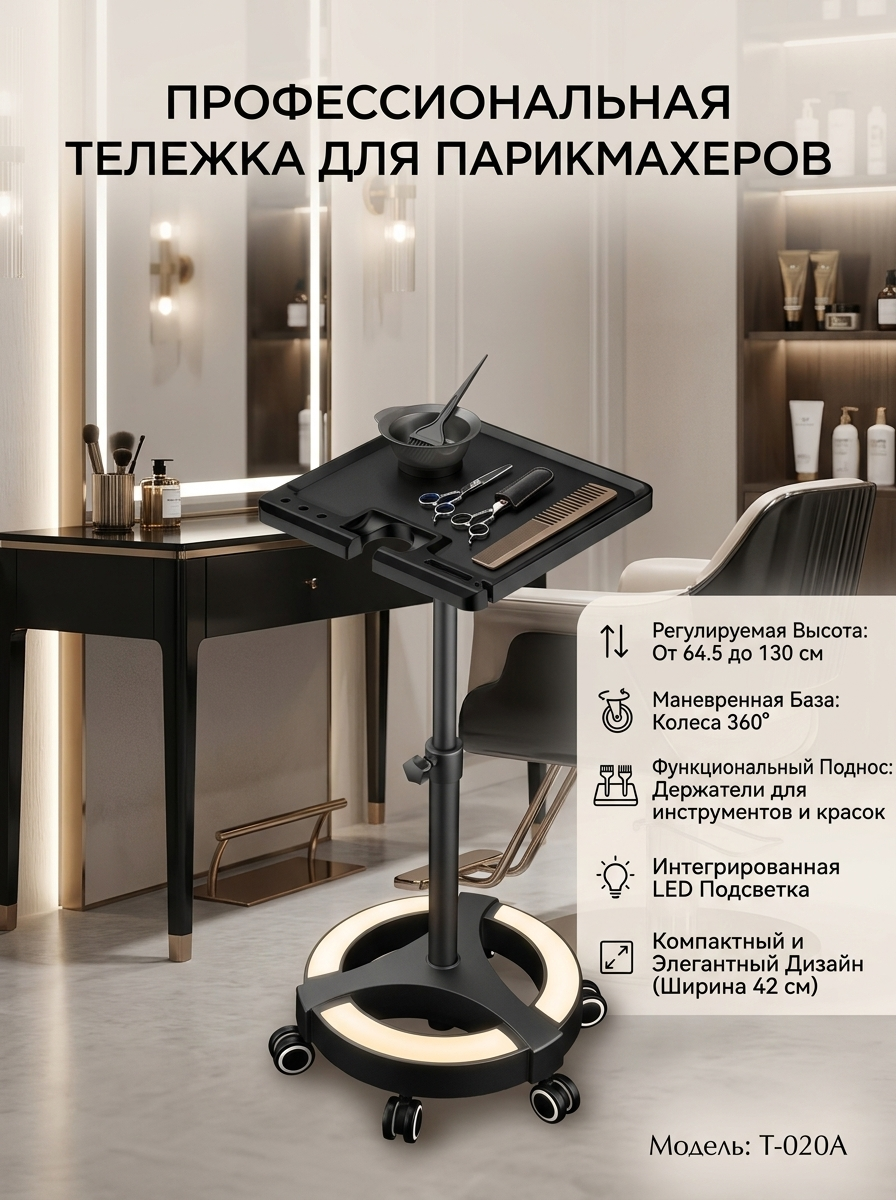 Столик колориста TUA, с магнитной столешницей, набор из 3 мисок, чёрный матовый
