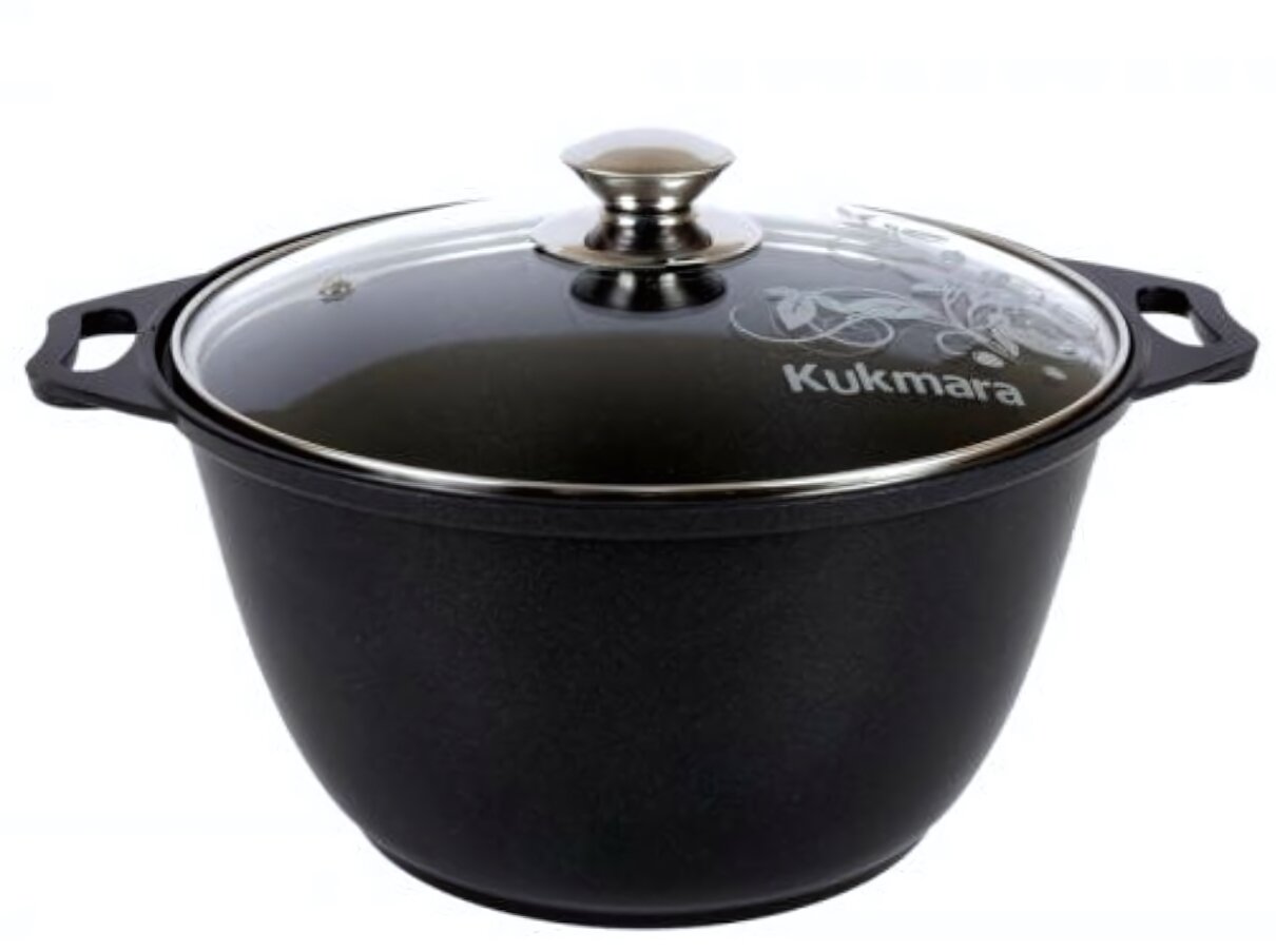 Кастрюля Kukmara 4 л алюминиевая антипригарная со стеклянной крышкой, 2 ручки, черная