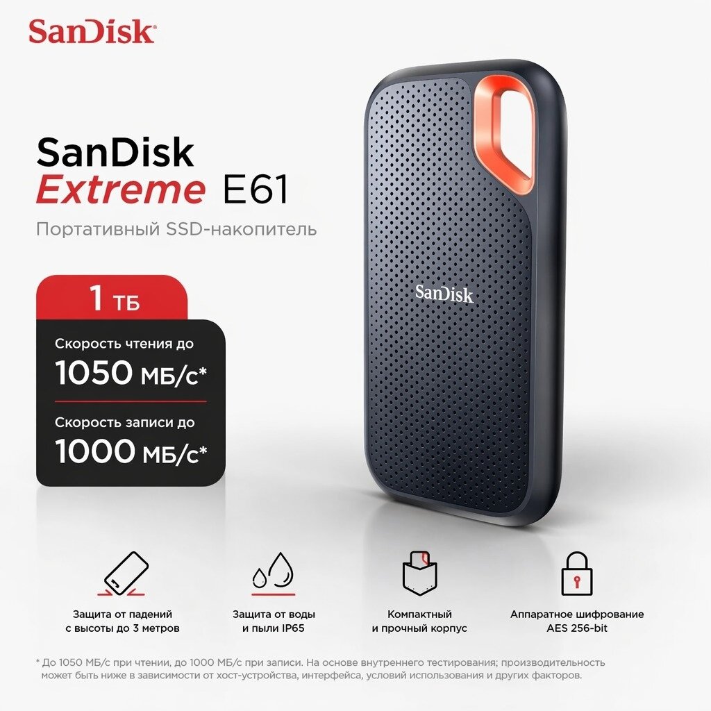 Мобильный твердотельный накопитель Sandisk (СанДиск) Type-c USB3.2 NVMe (PSSD) E61 Excellent Edition 1050 МБ/с 1TB