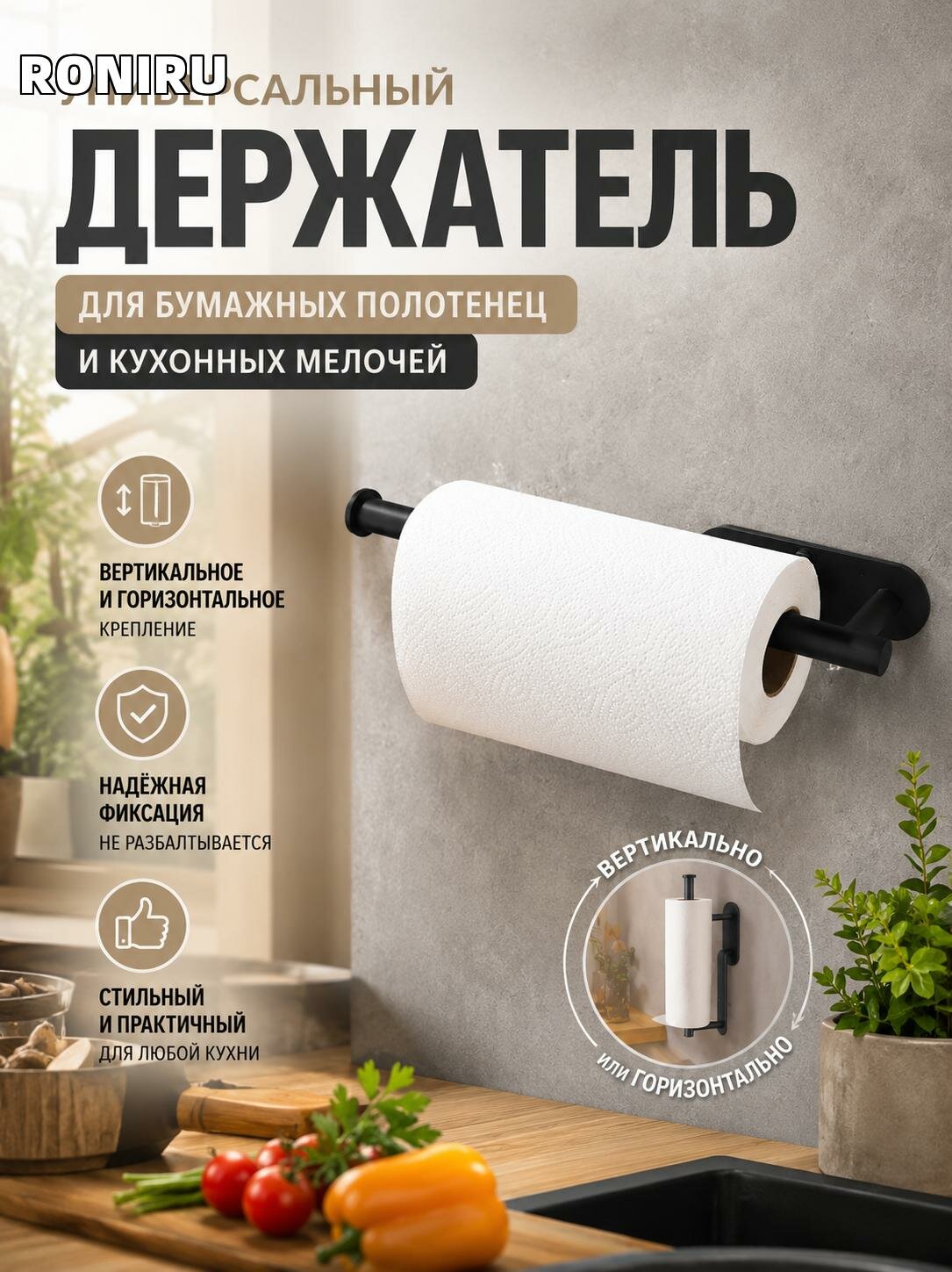 Универсальный настенный держатель для бумажных полотенец и кухонных мелочей вертикальное и горизонтальное крепление