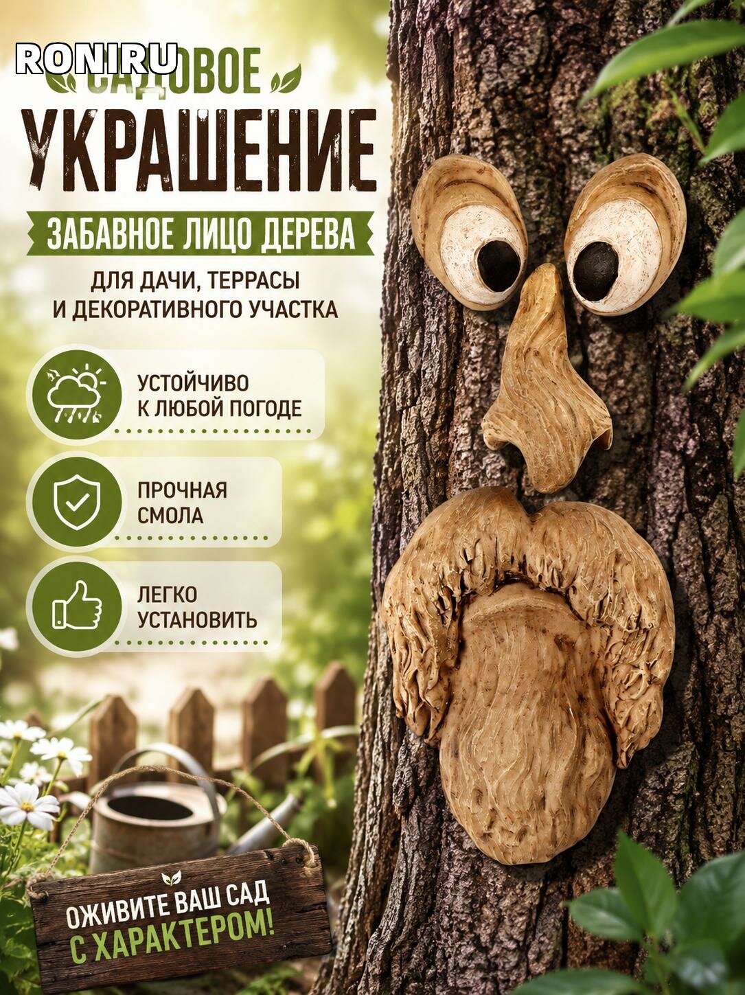 Садовое украшение — забавное лицо дерева из смолы, устойчивое к погоде, для дачи, террасы и декоративного участка