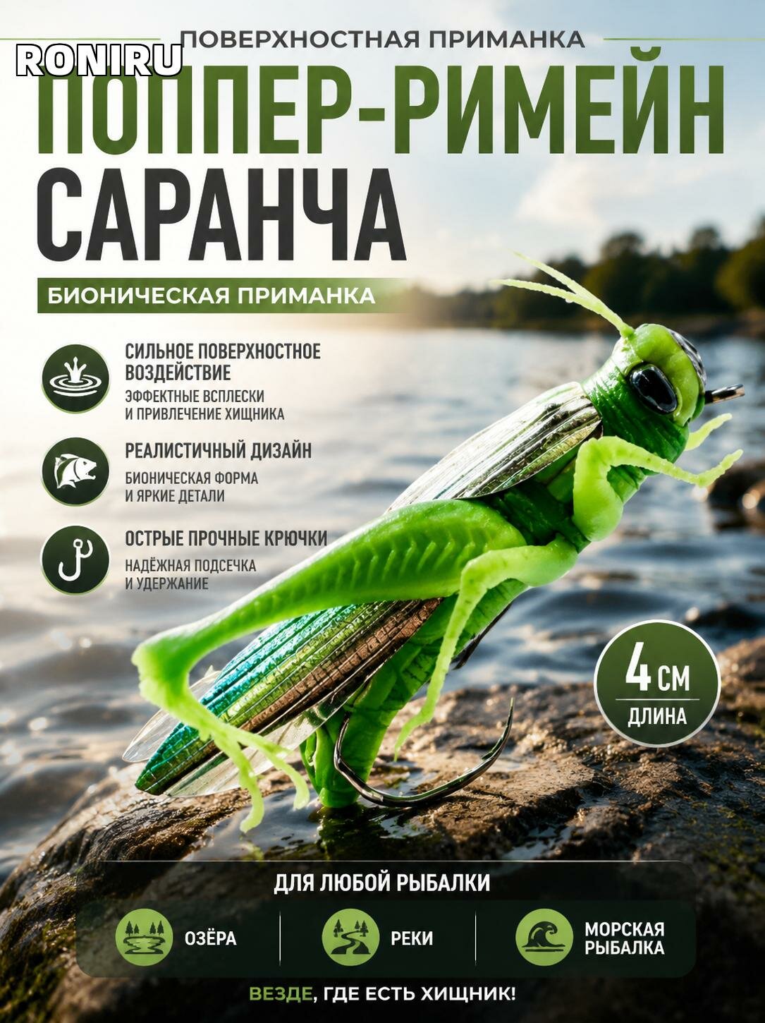 Поппер-римейн саранча 4 см — яркая бионическая поверхностная приманка для озёрной, речной и морской рыбалки везде