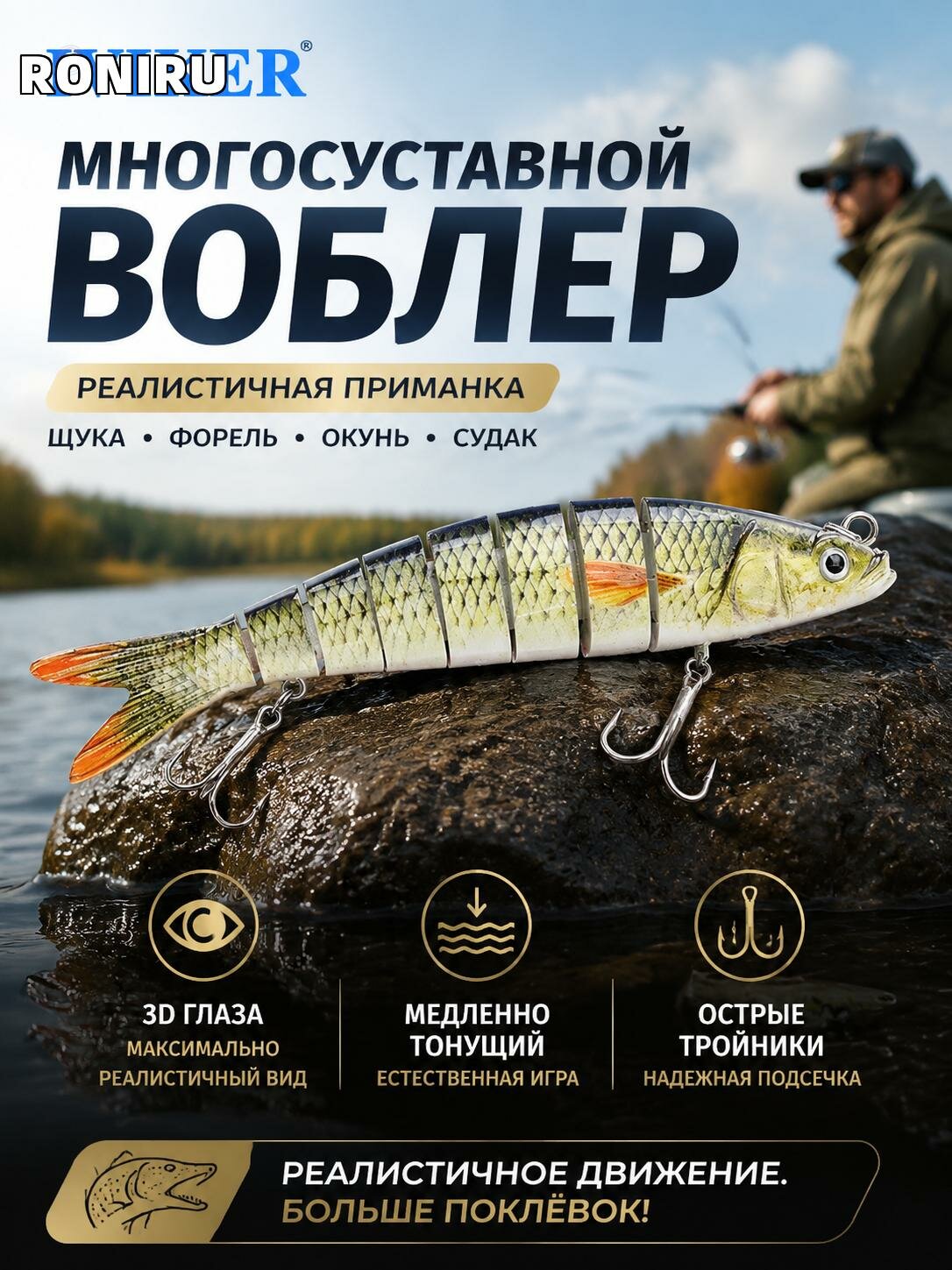 Воблер IVIKER многосуставной медленно тонущий реалистичная приманка с 3D глазами для ловли щуки, форели, окуня и судака