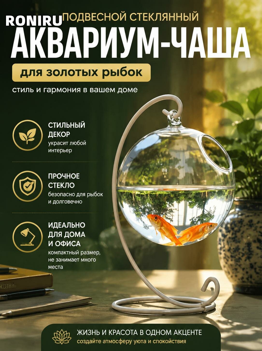 Подвесная стеклянная аквариум-чаша для золотых рыбок — компактный настольный аквариум на подставке для дома и офиса
