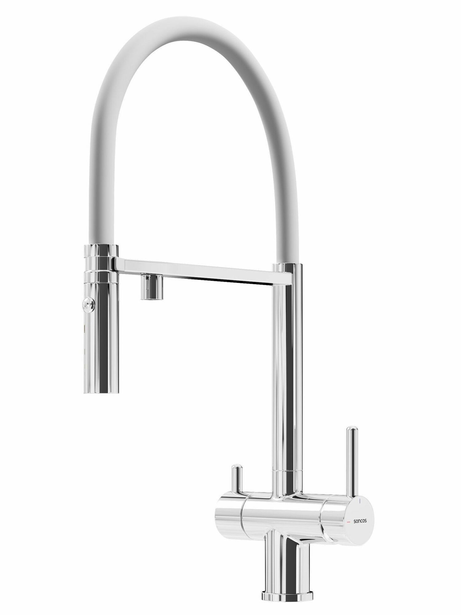 Кухонный кран Sancos Imola SC4010CHwh, выполненный из латуни с хромированным покрытием, оснащённый поворотным и гибким изливом, а также отдельным краном для фильтра, представлен в премиумисполнении