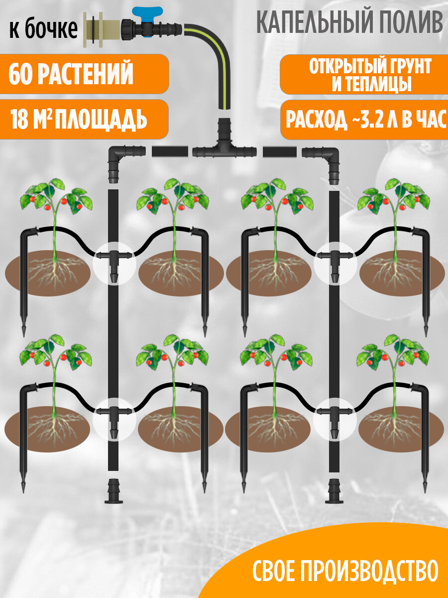 Капельный полив от емкости на 60 растений
