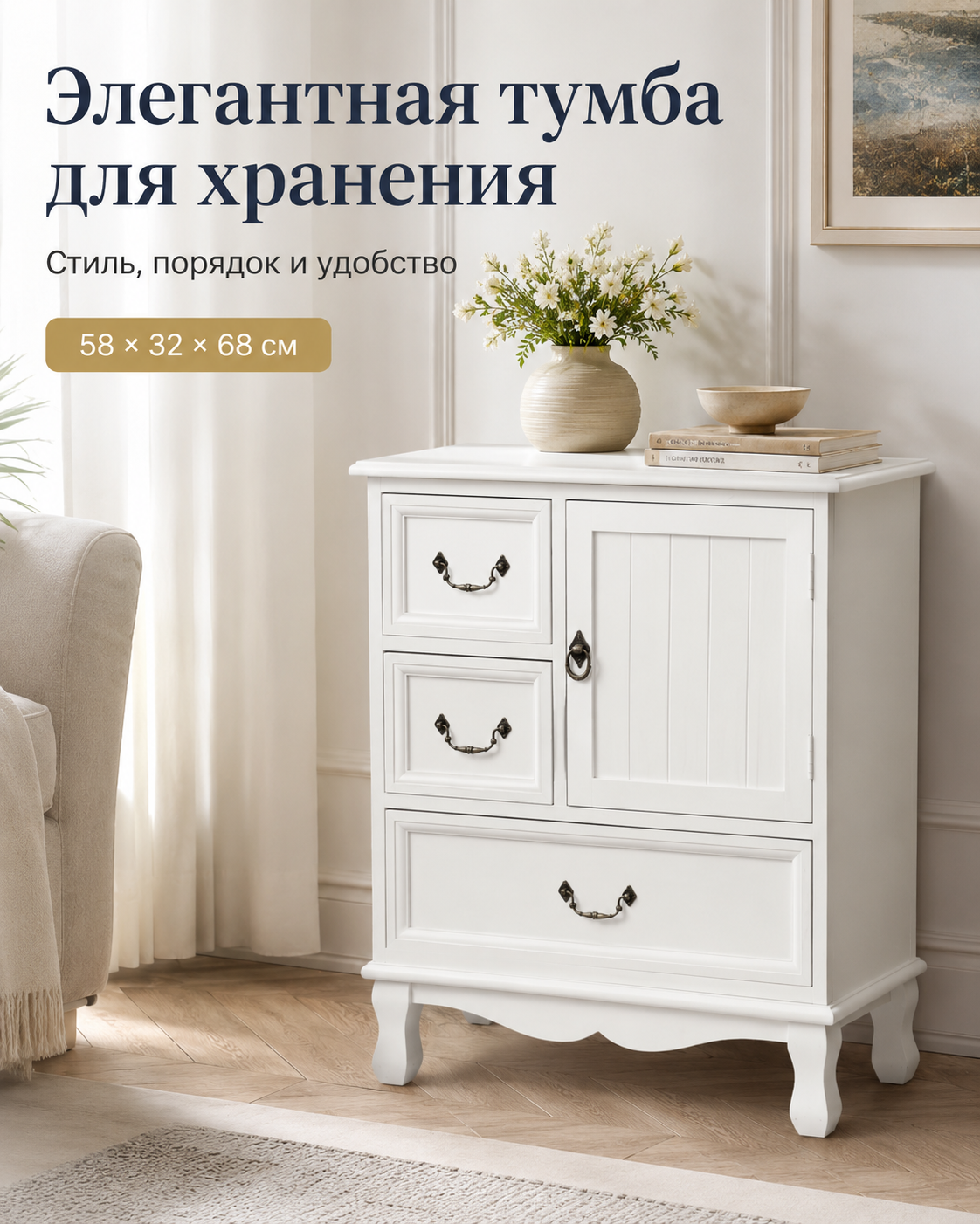 Комод, ретро, для дачи/дома, массив дерева/фанера, 58 x 32 x 67 см