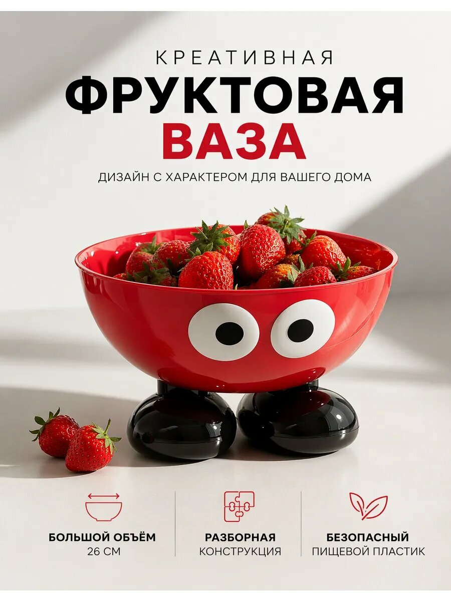 Фруктовница с глазами красная миска для фруктов декор, диаметр 18 см, 1 шт