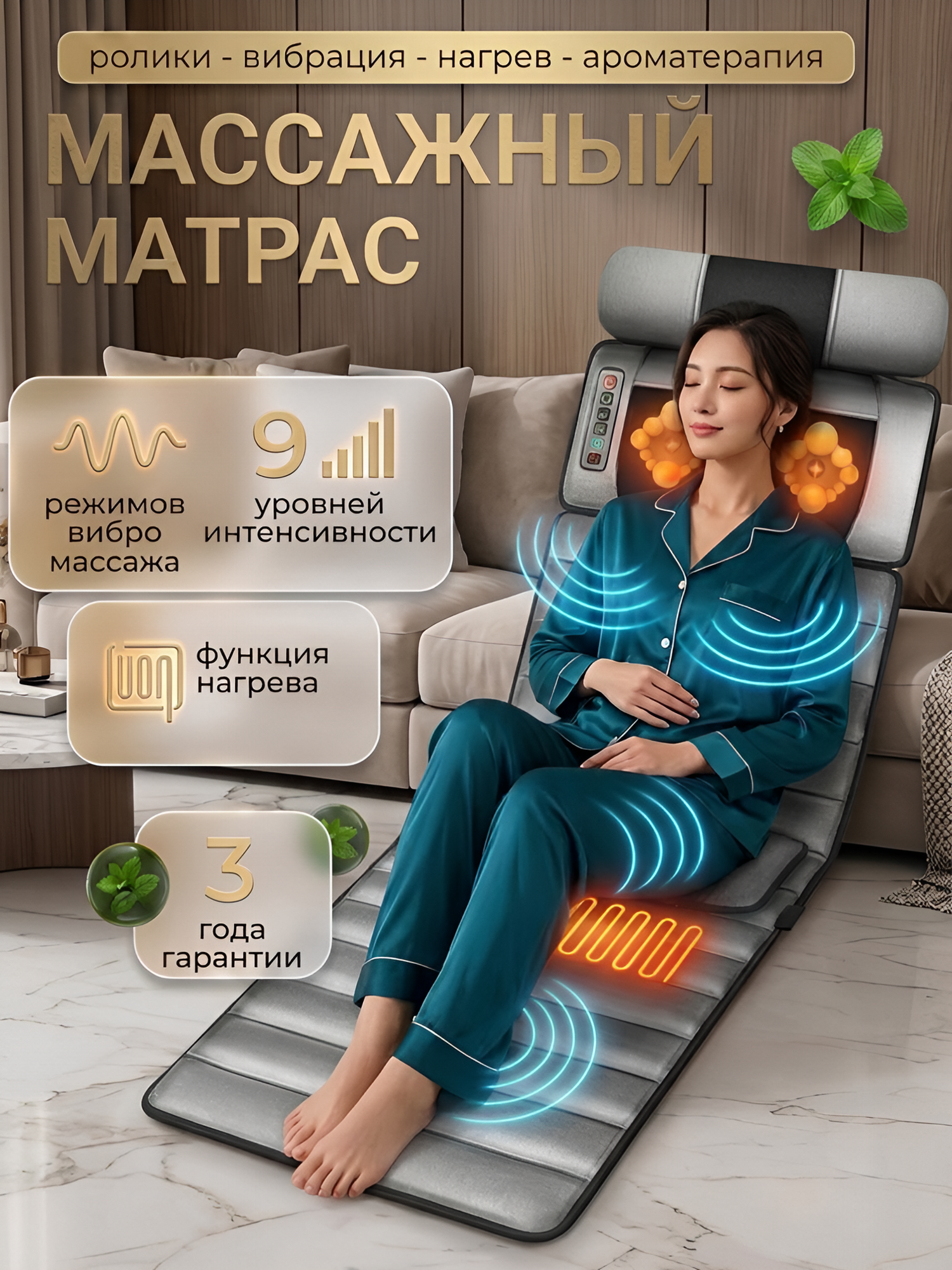Массажный матрас STARRKO с подогревом, с пультом, c роликами и вибромассажем серый