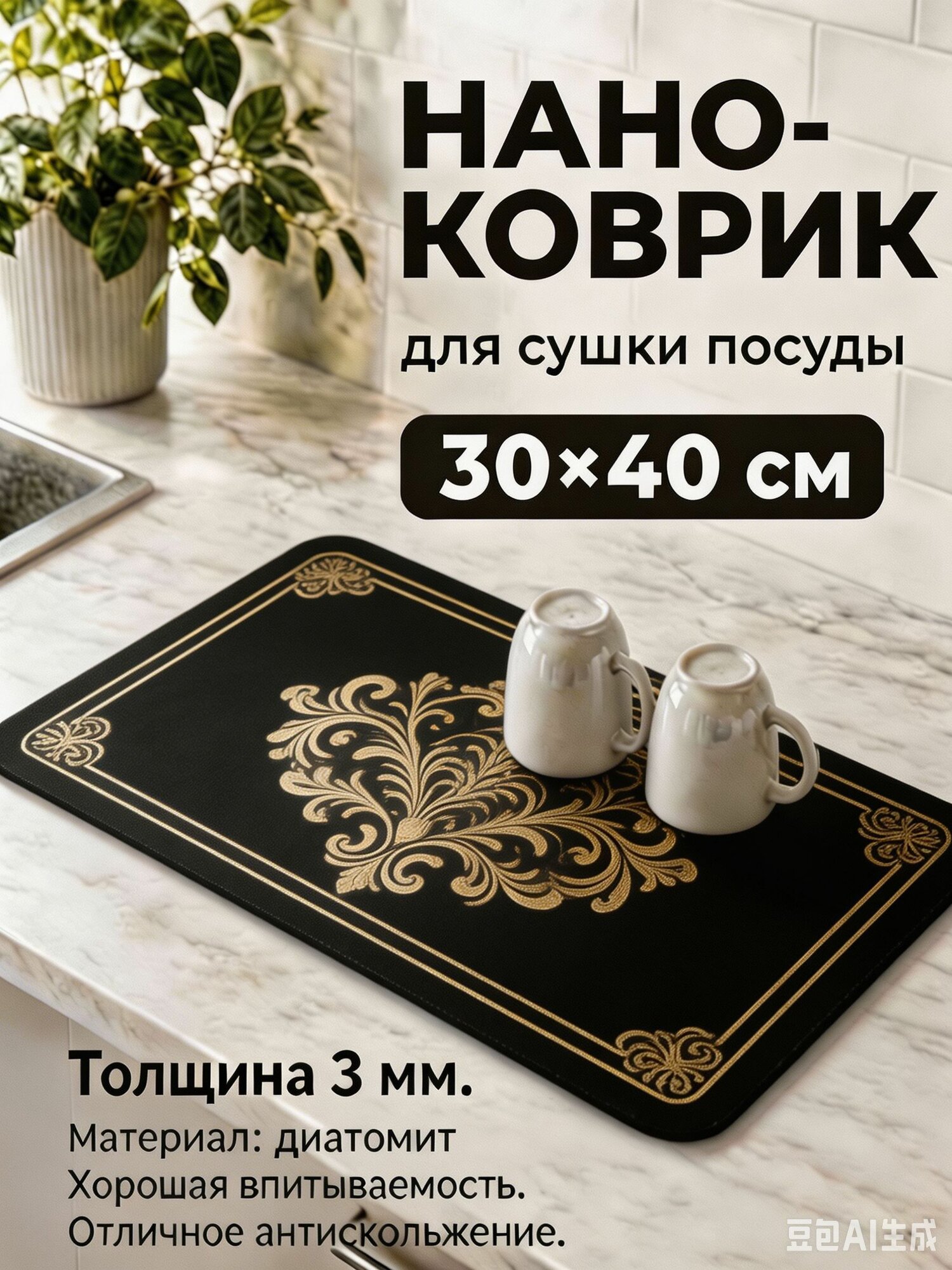 Коврик для сушки посуды, 40 см х 30 см , 1 шт