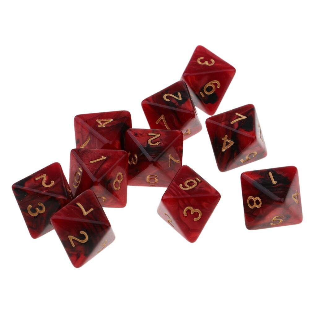 10 многогранных кубиков D8 для настольной игры D&D (настольная игра) — черно-красные.