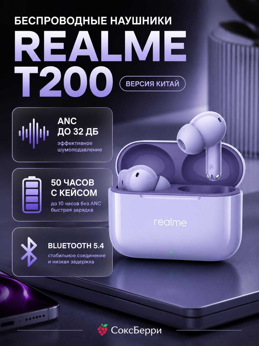 Беспроводные наушники RealMe T200 (RMA2410) фиолетового цвета, версия Китай