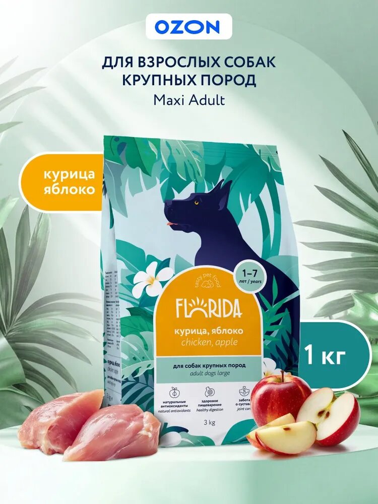 FLORIDA Сухой корм для взрослых собак крупных пород с курицей и яблоком, 1 кг