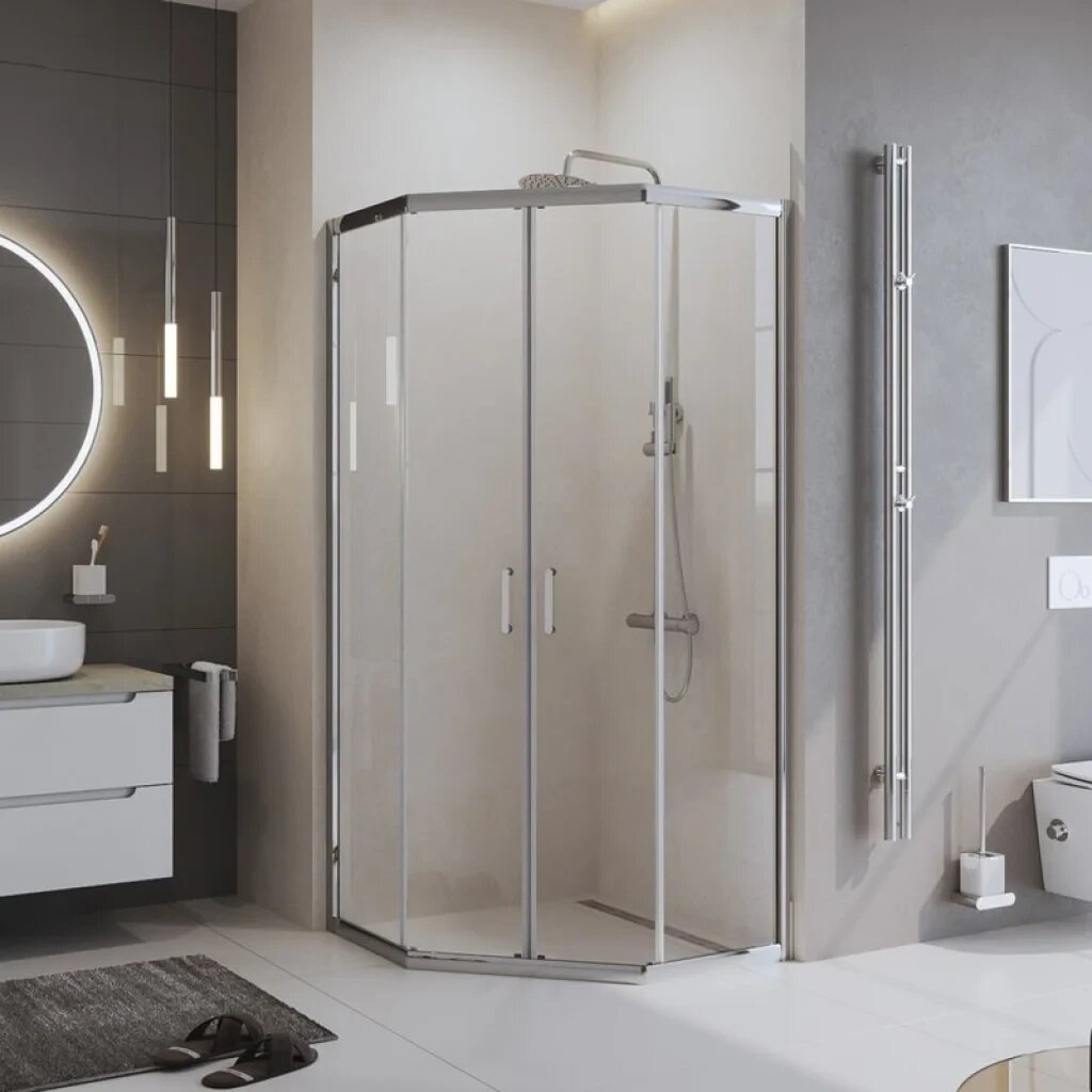 Душевой уголок BelBagno Uno 195 P 2 90 C Cr стекло прозрачное, UNO-195-P-2-90-C-Cr, Алюминий, хром, пятиугольная