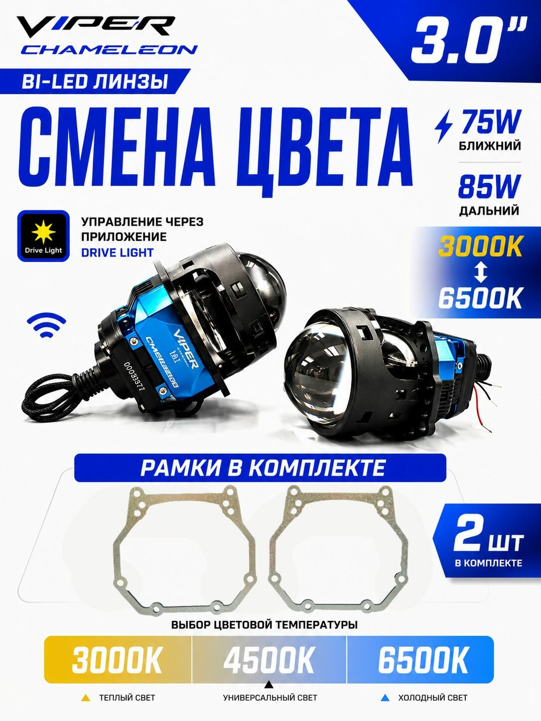 Светодиодные линзы Viper Chameleon для Jaguar X-Type 2001-2007 - Viper Chameleon 75W / 85W - BI Led Светодиодные линзы с выбором цвета