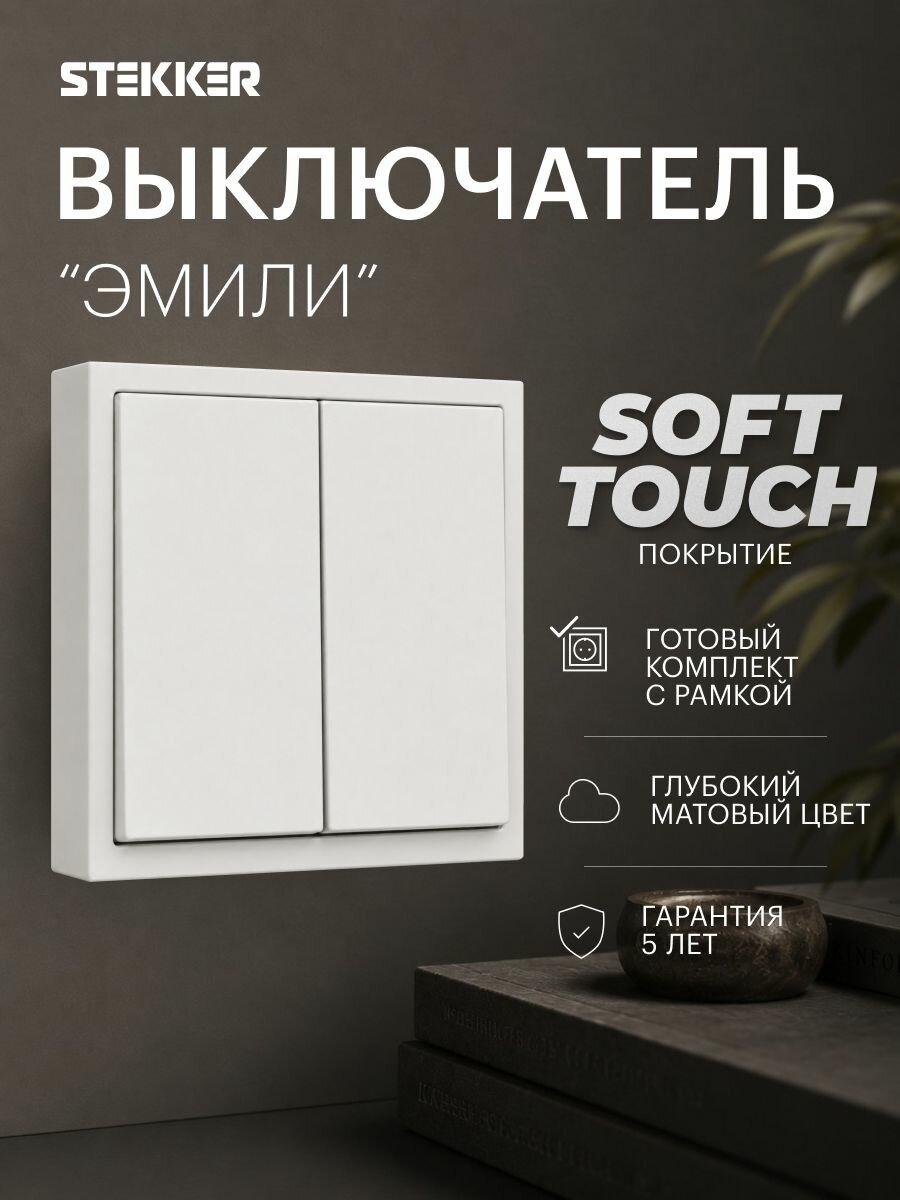 Выключатель двухклавишный встраиваемый с рамкой, готовый комплект, белый фарфор, 10А 250В, Stekker Эмили 50963
