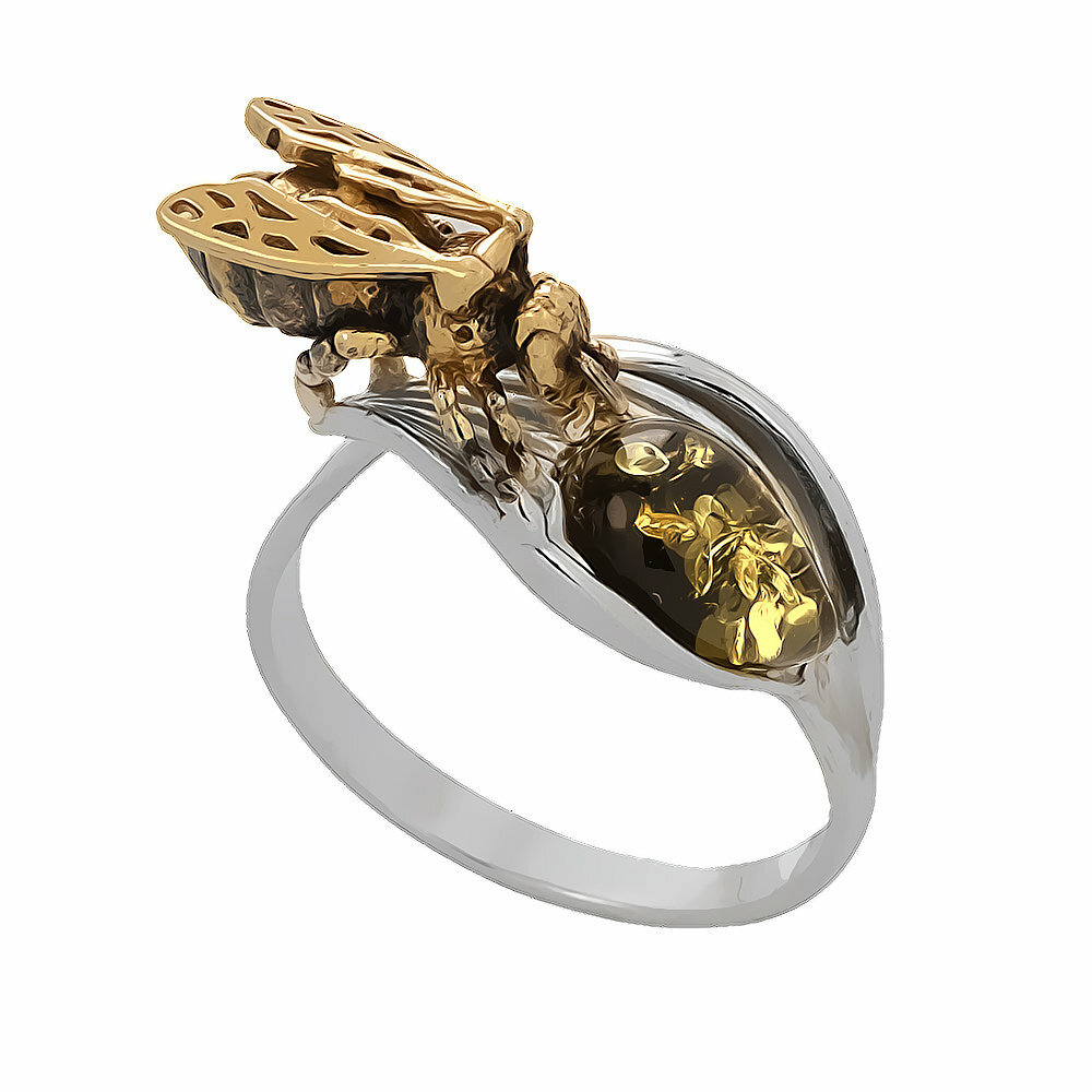 Кольцо, серебро, 925 проба, родирование, янтарь