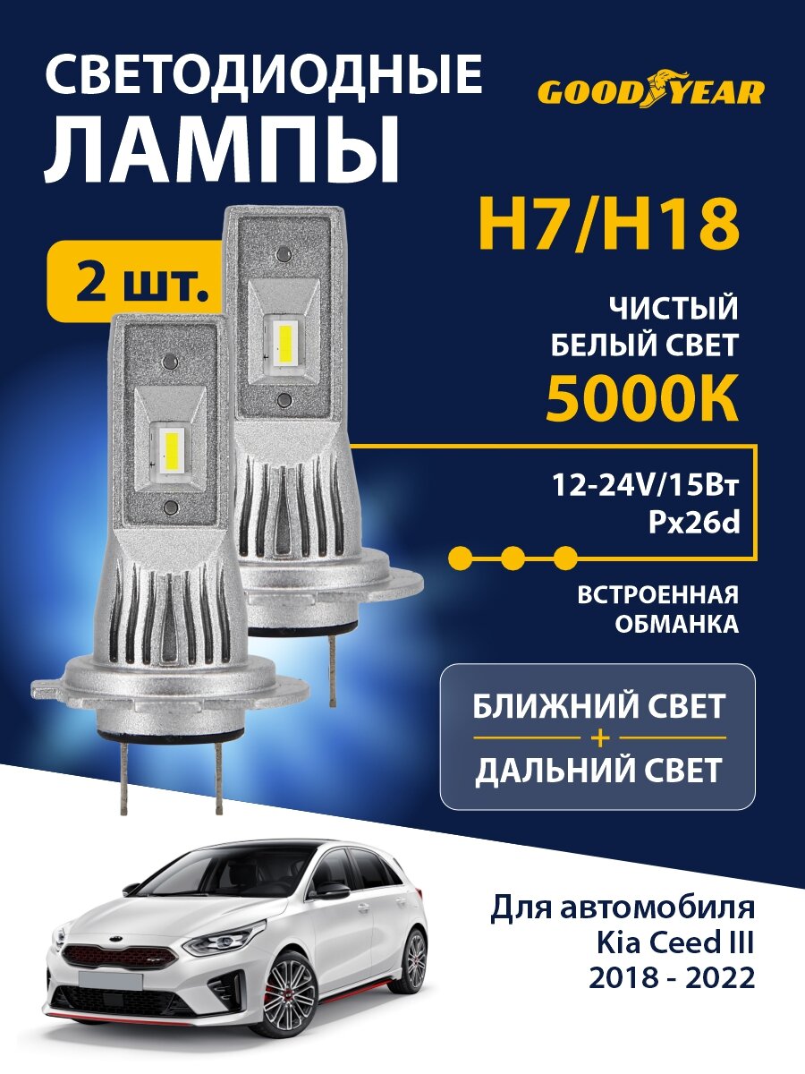 Светодиодные лампы H7 H18 Kia Ceed 3 (киа сид 3 ) 2018 - 2022 ближний и дальний свет (5000К чистый белый свет)