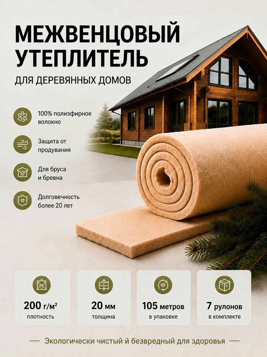 Межвенцовый утеплитель для бруса и бревна 20 мм, полиэфирный, 200 г/м