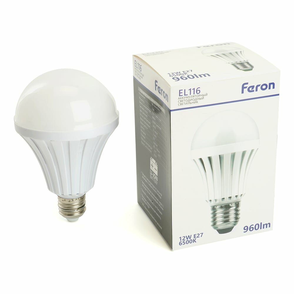 Светильник аккумуляторный FERON 12W Е27 AC/DC (литий-ионная батарея), белый, EL116, 48980