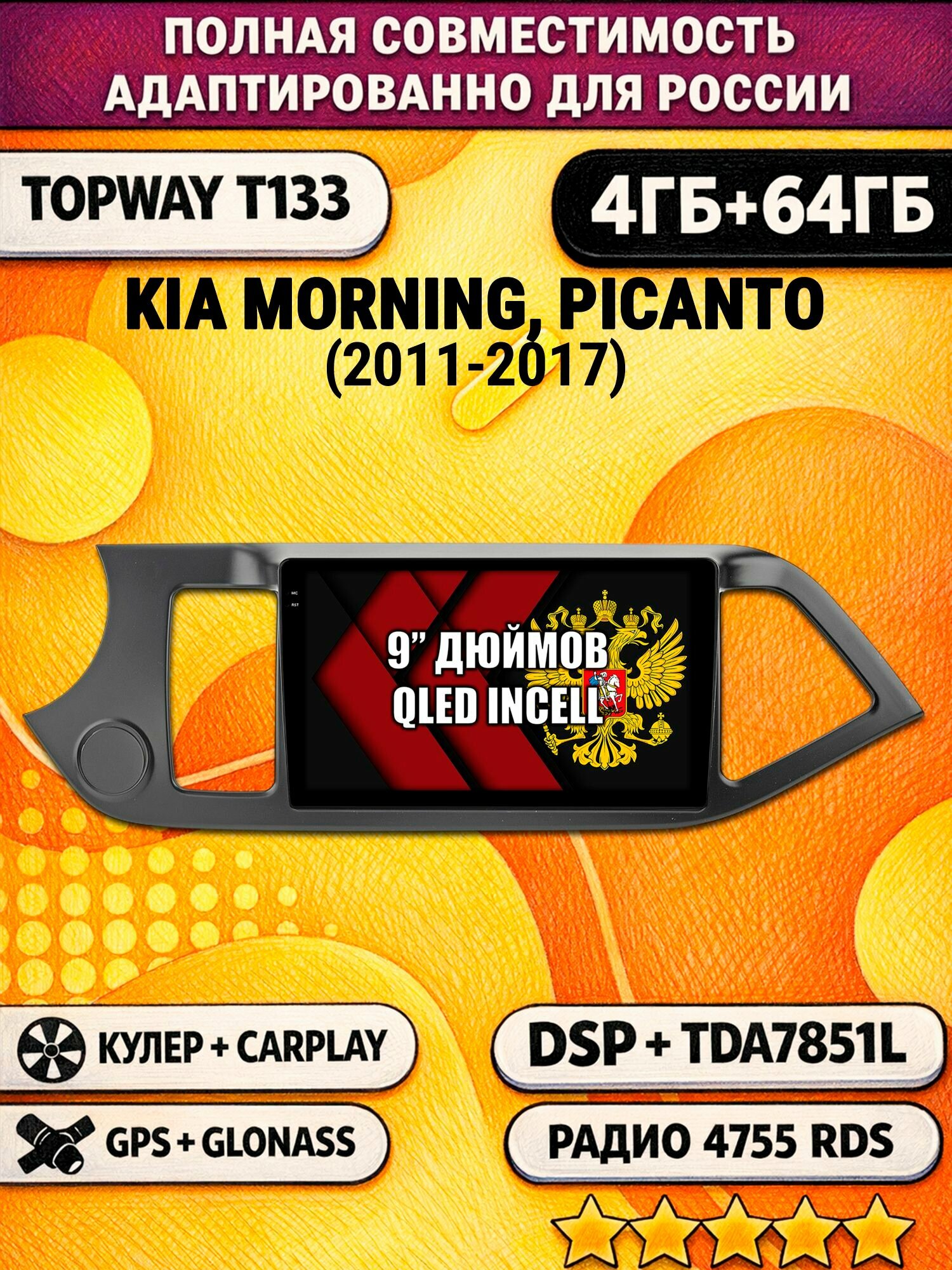Андроид магнитола в штатное место для KIA MORNING (2011-2017), PICANTO (2011-2017), 4/64гб, DSP, беспроводной CarPlay и Android Auto, GPS и ГЛОНАСС