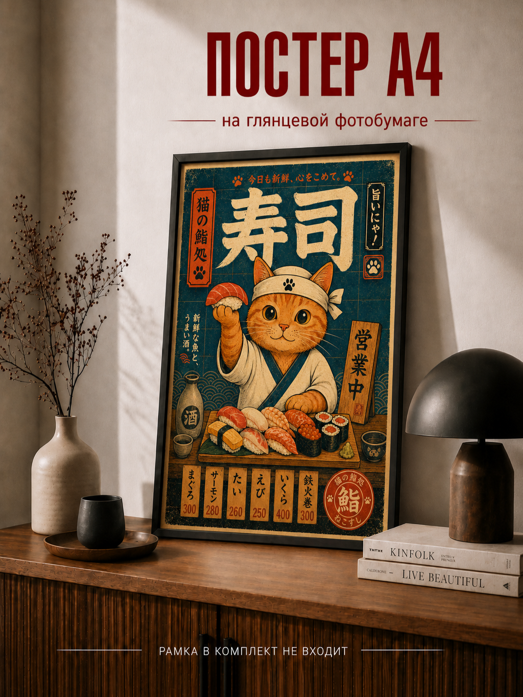 Постер А4 "Кот Сушист", интерьерный плакат в японском стиле, для кухни, кафе и комнаты, глянцевая фотобумага 230 г/м²