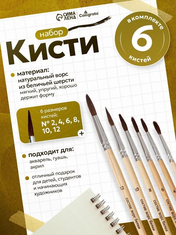 Кисточки для рисования белка 6 штук (№2, 4, 6, 8, 10, 12) круглые