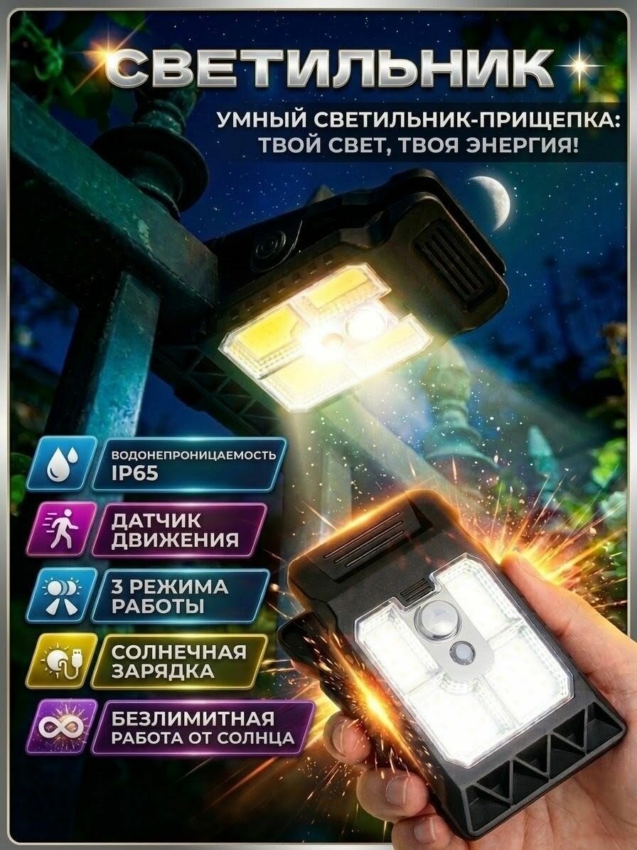 Уличный cветильник с датчиком движения на солнечной батарее, прожектор садовый, умный ночник на прищепке