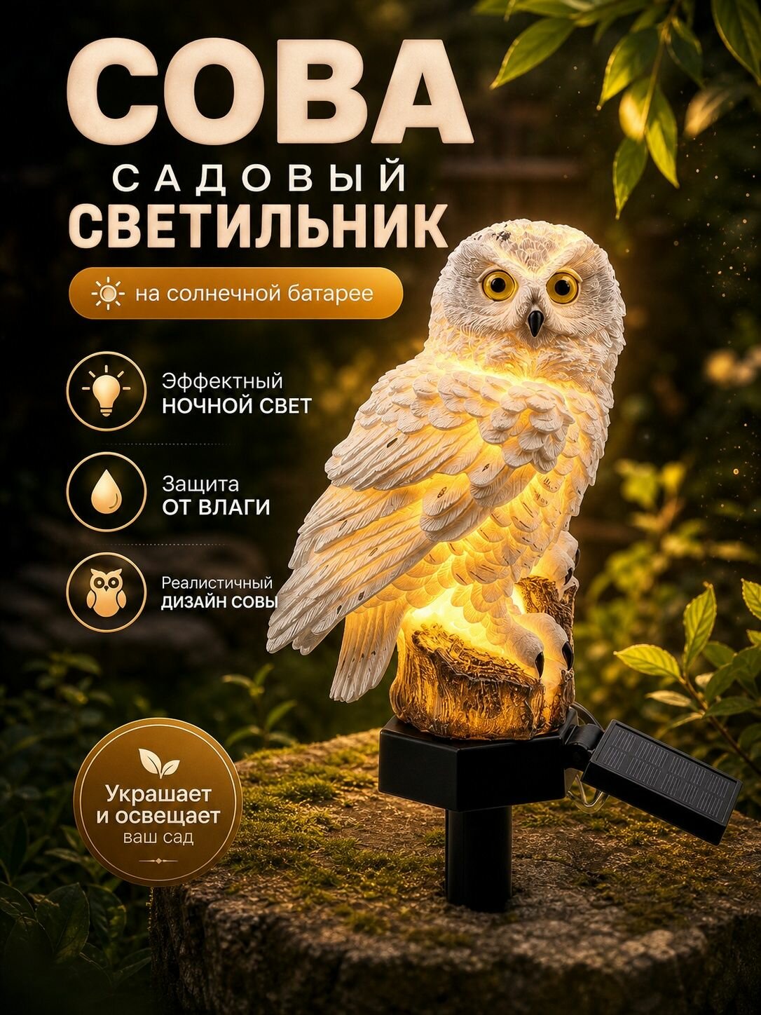 Сова светильник садовый на солнечной батарее уличный, 1 шт