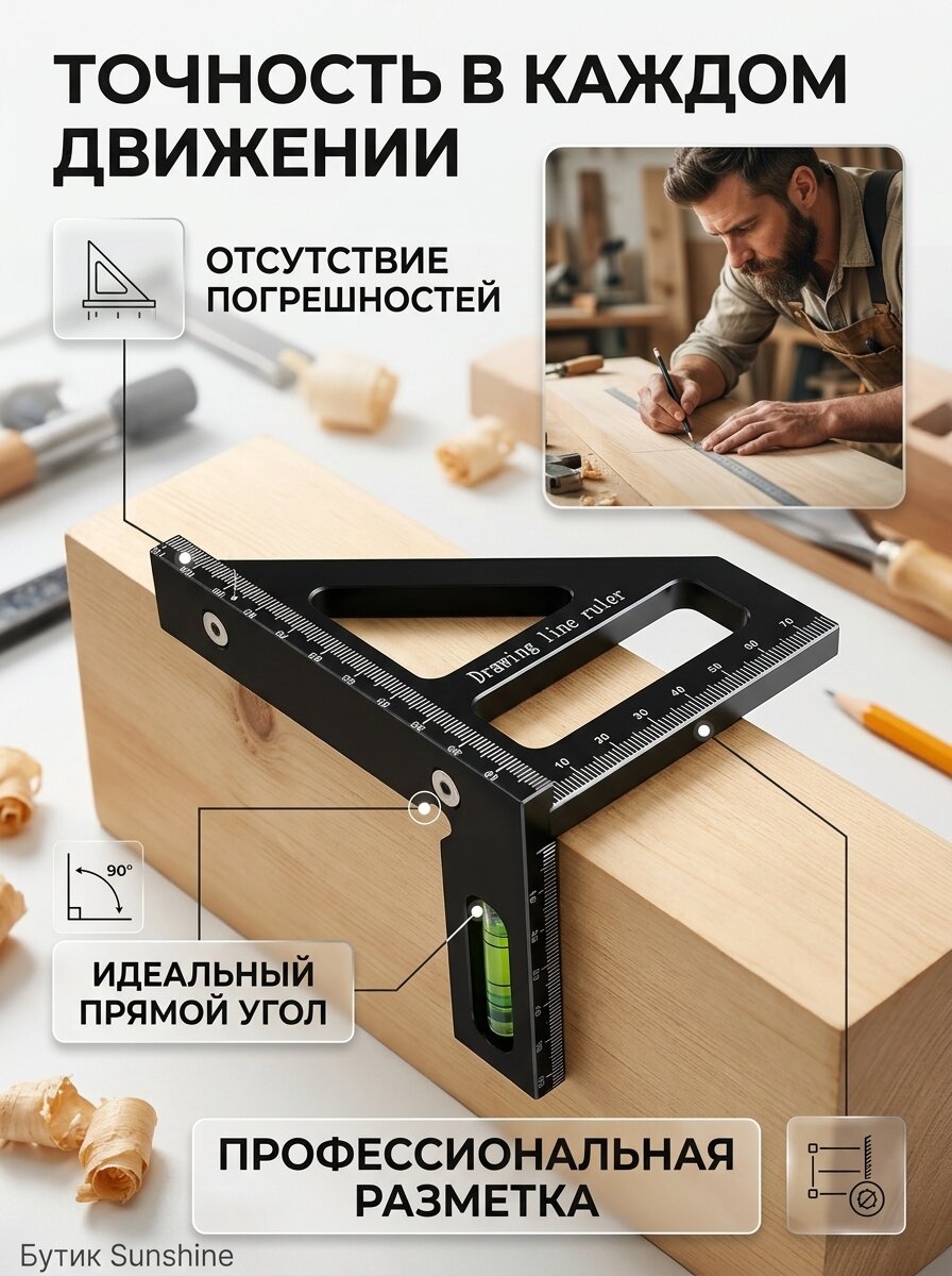 Линейка, угольник строительный 112мм х 76мм, Алюминий