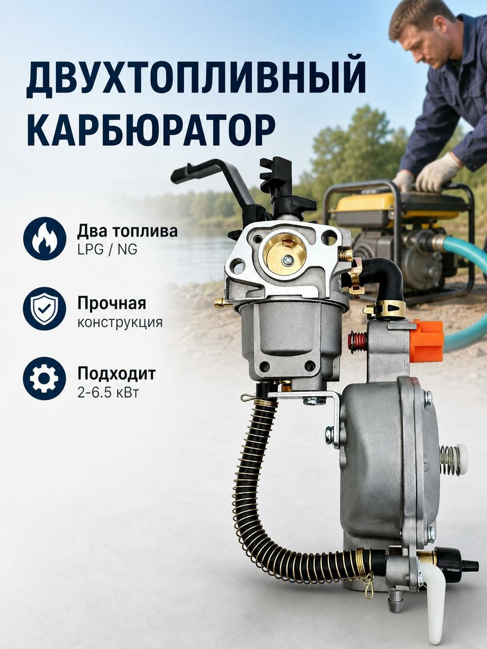 Конверсионный карбюратор LPG/NG для генератора, двойное топливо, алюминий