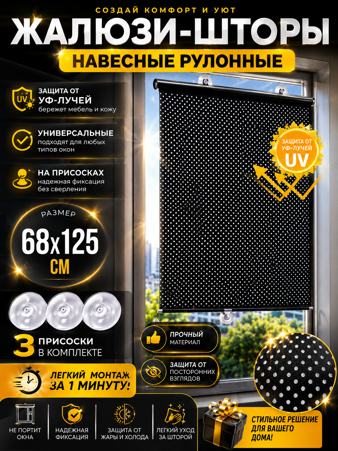 Навесные рулонные жалюзи-шторы солнцезащитные на присосках 68х125