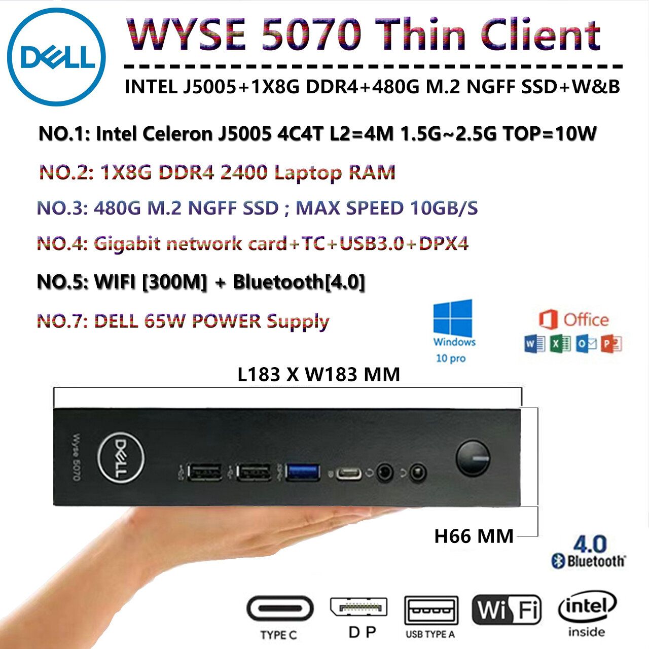 DELL WYSE 5070 ( Celeron J5005 CPU+1x8 г DDR4 2400 Оперативная память + 480 г M. 2 NGFF SSD +WIFI плюс Bluetooth) мини ПК intel mini PC