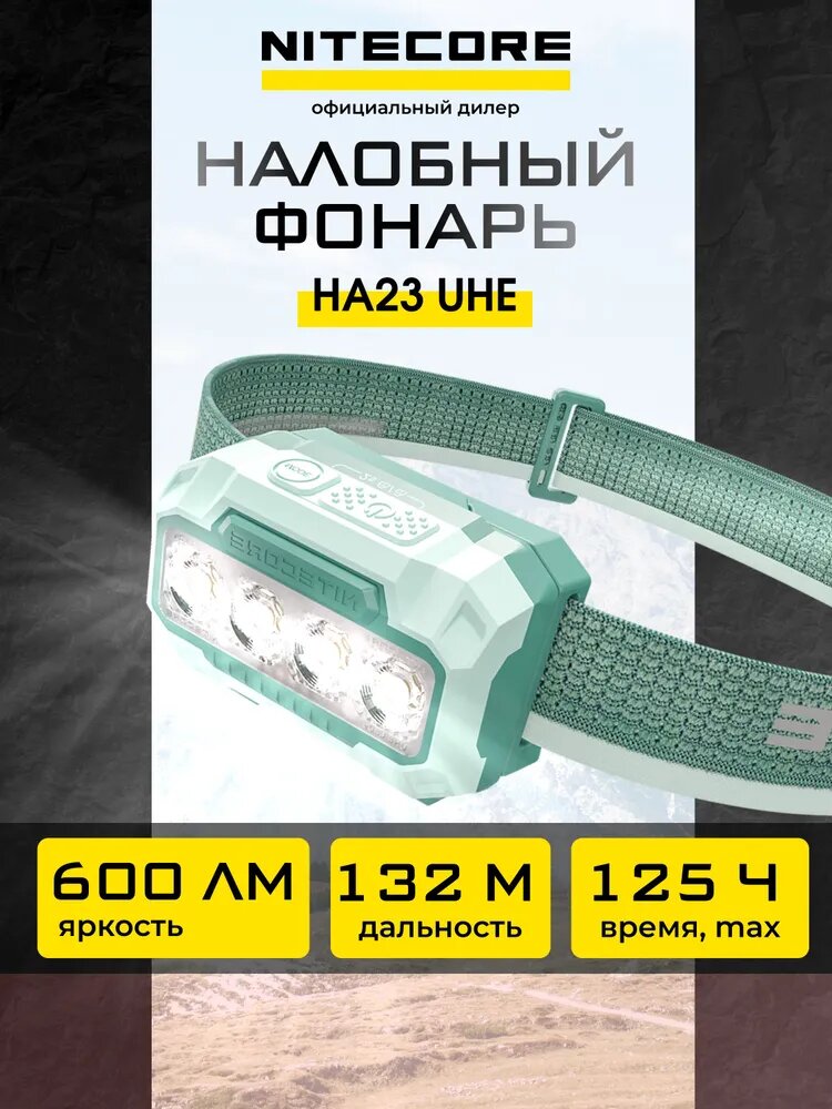 3417 Налобный фонарь аккумуляторный NITECORE HA23 UHE 600 люмен, 3 цветовые температуры, IP68, мощный налобный фонарик