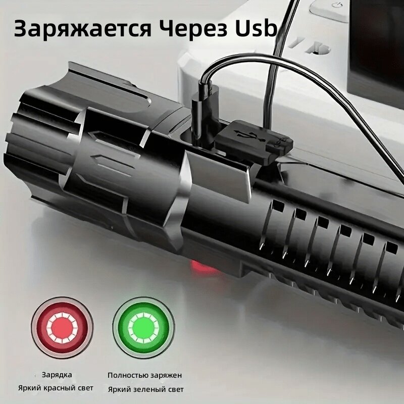 Светодиодный тактический фонарик с зумом и USB-зарядкой, 3 режима работы, IP65, компактный, черный