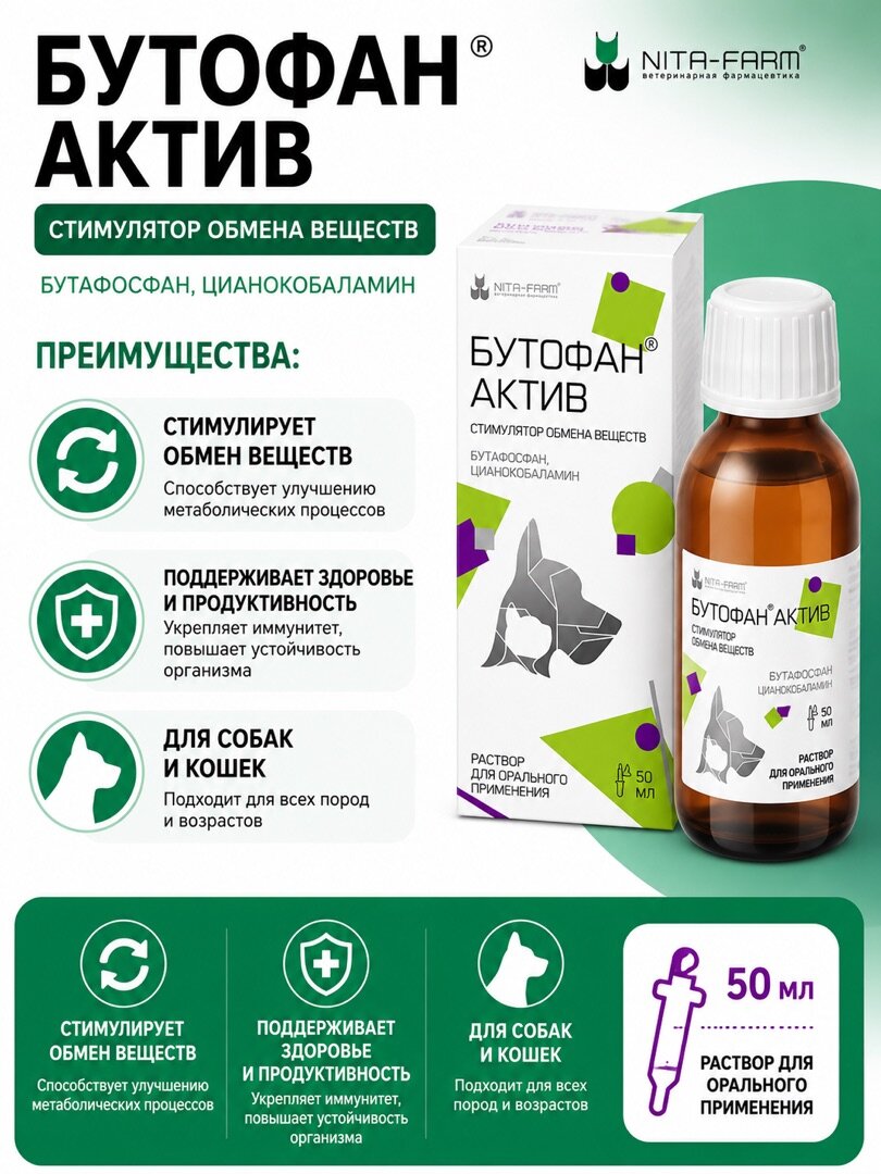 Бутофан Актив, лекарственный препарат для кошек и собак, 50 мл