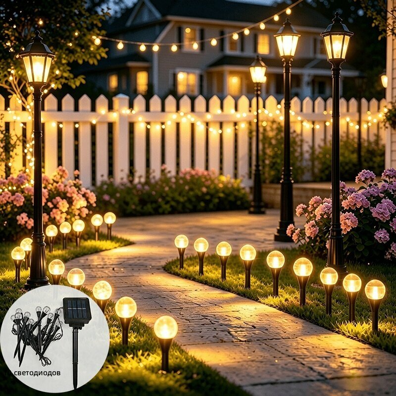 Солнечные наземные светильники с хрустальными шарами, 10 LED, 8 режимов, теплый желтый свет, автоматическое включение и датчик затемнения