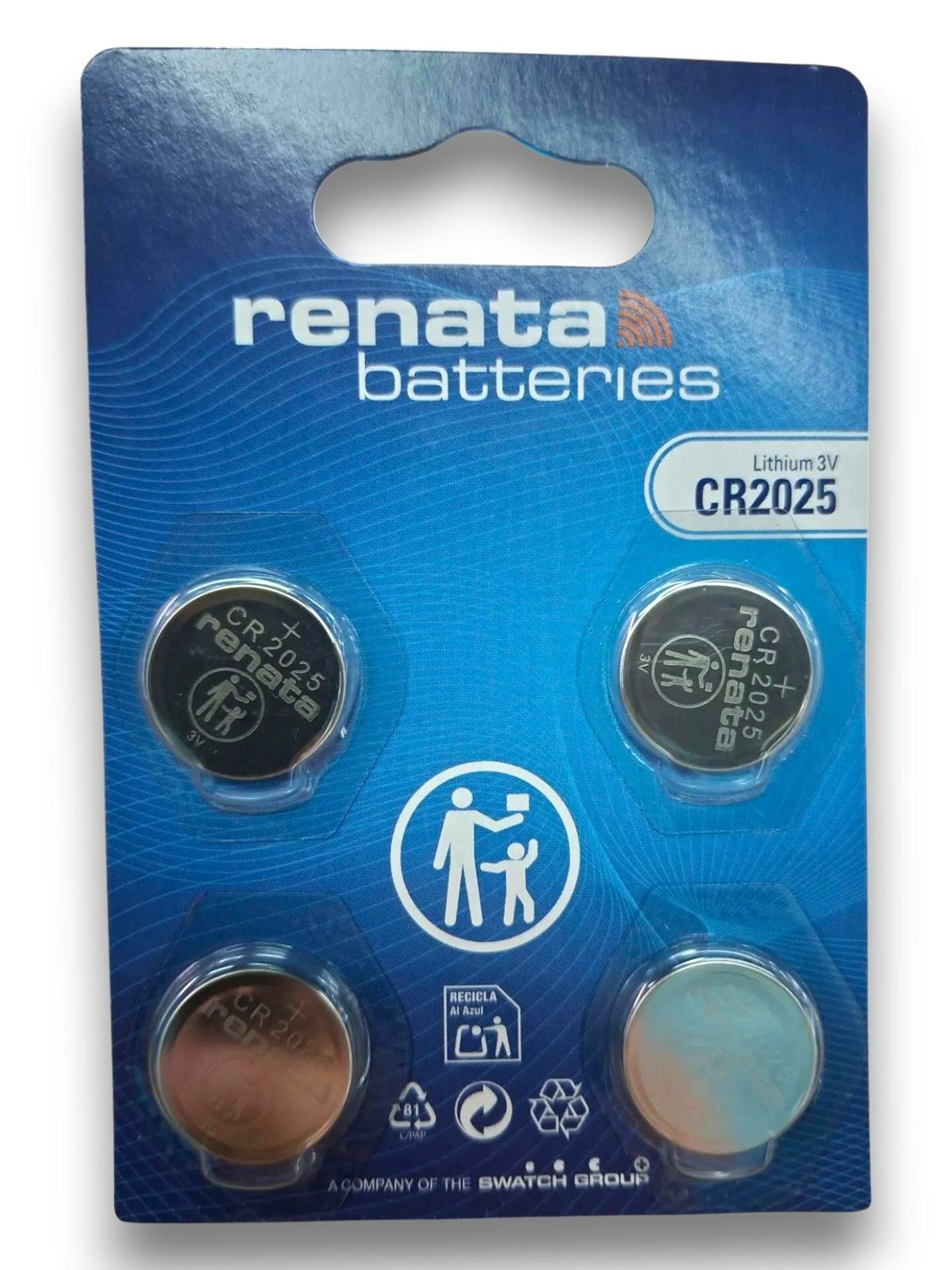 Дисковая батарейка Renata CR2025 Lithium Battery 3v BL4 , 4шт.